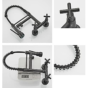 WTEZRSRGG Kitchen Fauce with Pull Down Sprayer Dual Holes Wall Mount Spring Kitchen Sink Faucet 360° Rotation Brass Double Cross Knobs Hot Cold Water Kitchen Mixer Tap,Black (Color : Black)
