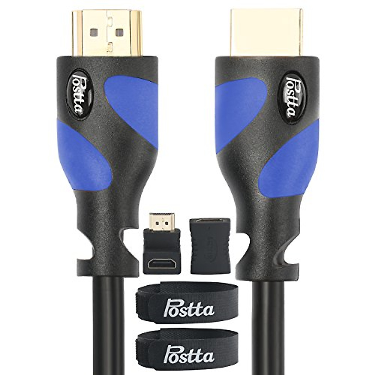 Postta HDMI Cable 50 Feet HDMI 2.0V Cable with 2 Piece Cable Ties+2 Piece HDMI Adapters Support 4K 2160P,1080P,3D,Audio Return and Ethernet