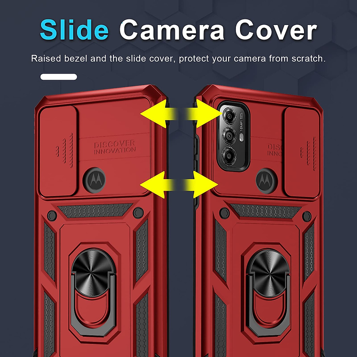 Janmitta Compatible with Moto G Play 2023,G Power 2022/G Pure Case Built in Slide Camera Lens Cover+Screen Protector+Ring Holder,Heavy Duty Shockproof Full Body Phone Cover,Red
