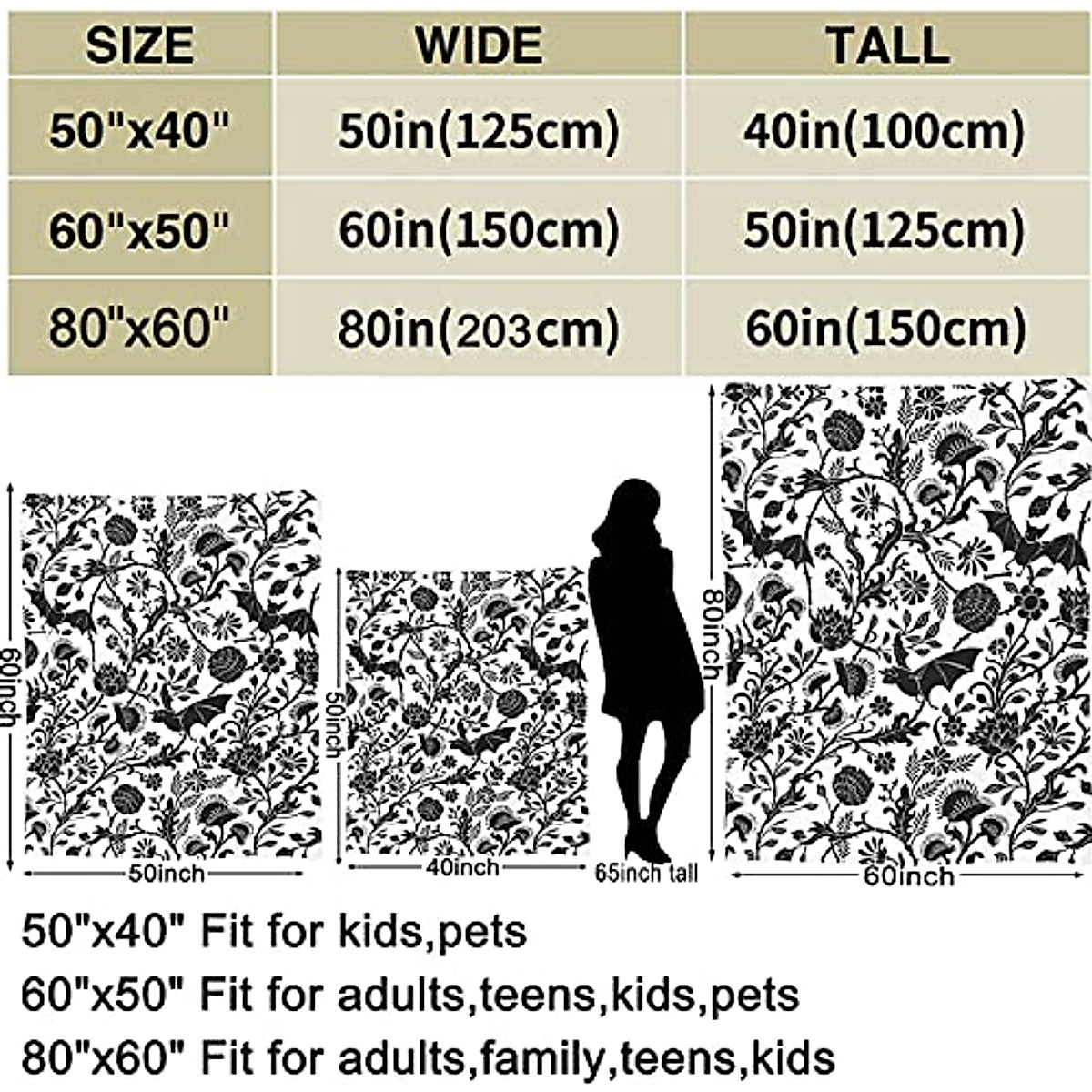 Goth Bat Blanket Soft Warm Lightweight, Gothic Halloween Throw Blanket Cozy Plush Warm Blankets for Adults Teens Pet 40x50 for Sofa Bed