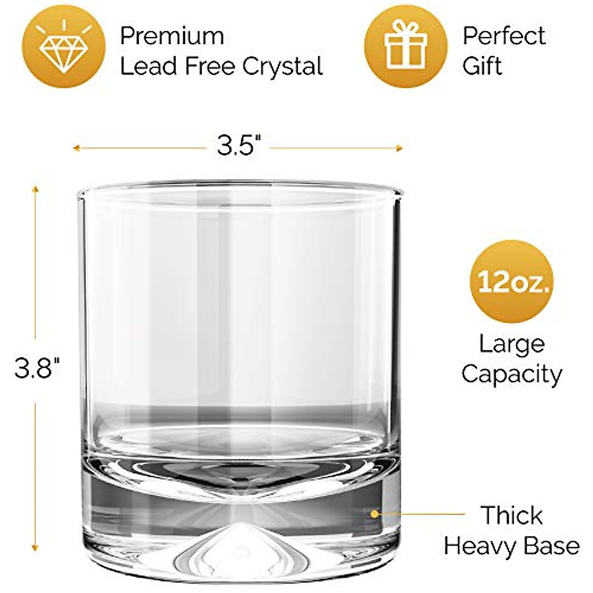 Mofado Weighted Crystal Whiskey Glasses - 12oz (Set of 2) - Thick, Stable, Heavy Hand Blown Crystal in a Gift Box - Perfect for Scotch, Bourbon, Manhattans, Old Fashioned Cocktails