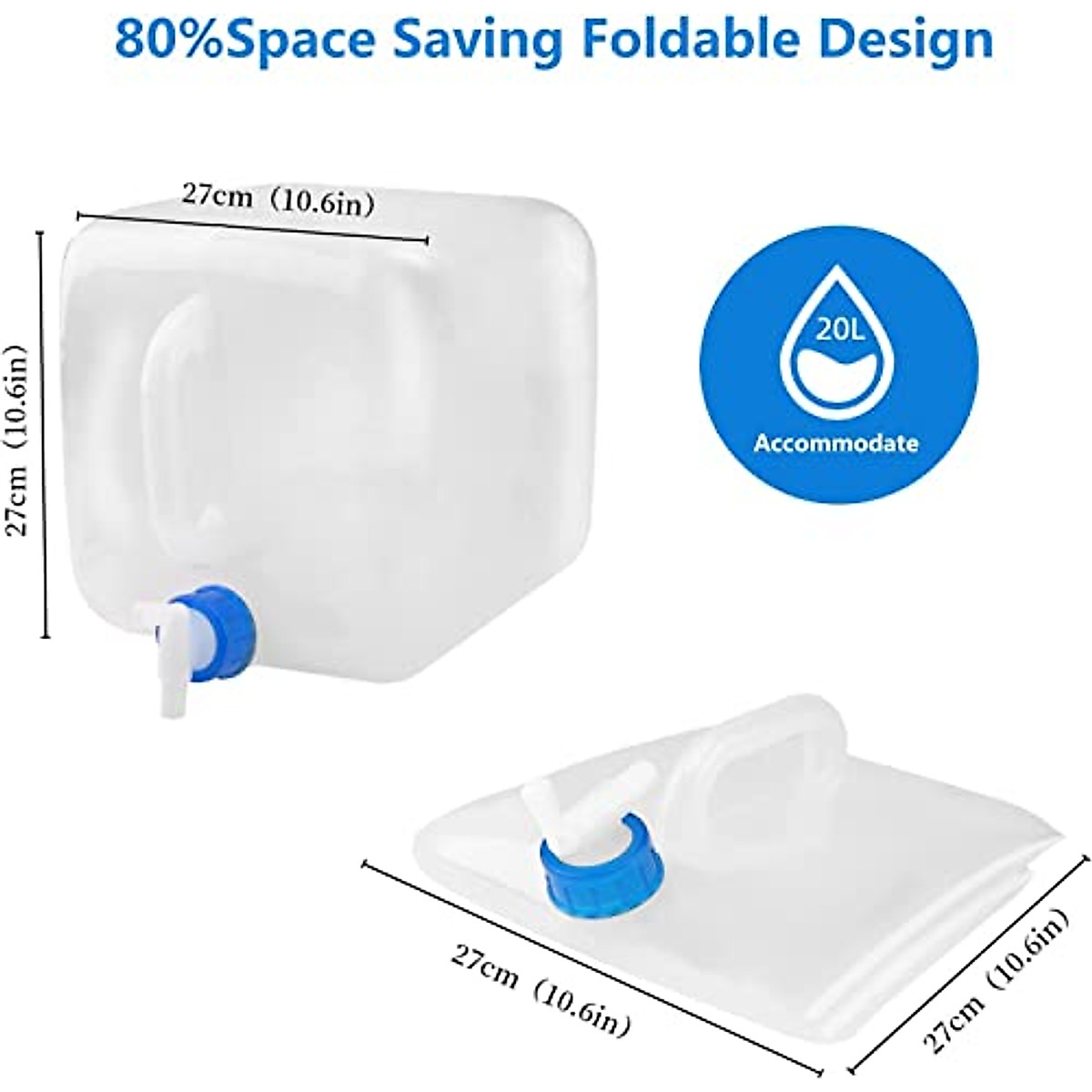 OMYOPY 2 Pack Collapsible Camping Water Container Carrier with Spigot, 5.3 Gallon Portable Foldable Water Storage Cube Jug Canteen Tank for Outdoor Sports Camping Hiking Emergency