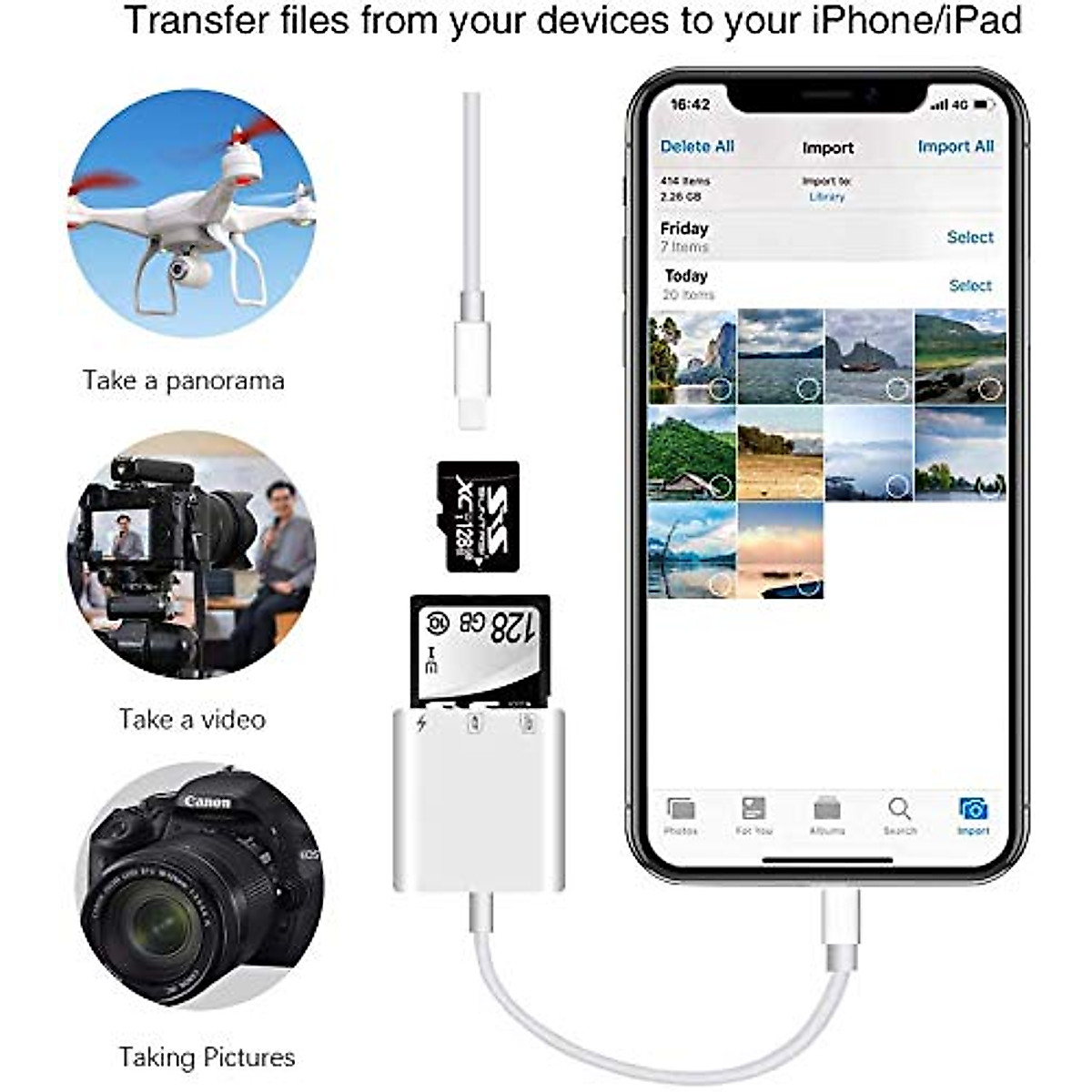 [Apple MFi Certified] Lightning to SD/Micro Card Reader for iPhone/iPad, 3 in 1 Memory Card Reader Adapter with Charging Port, Trail Game Camera SD Card Reader Viewer, No App Required Plug and Play