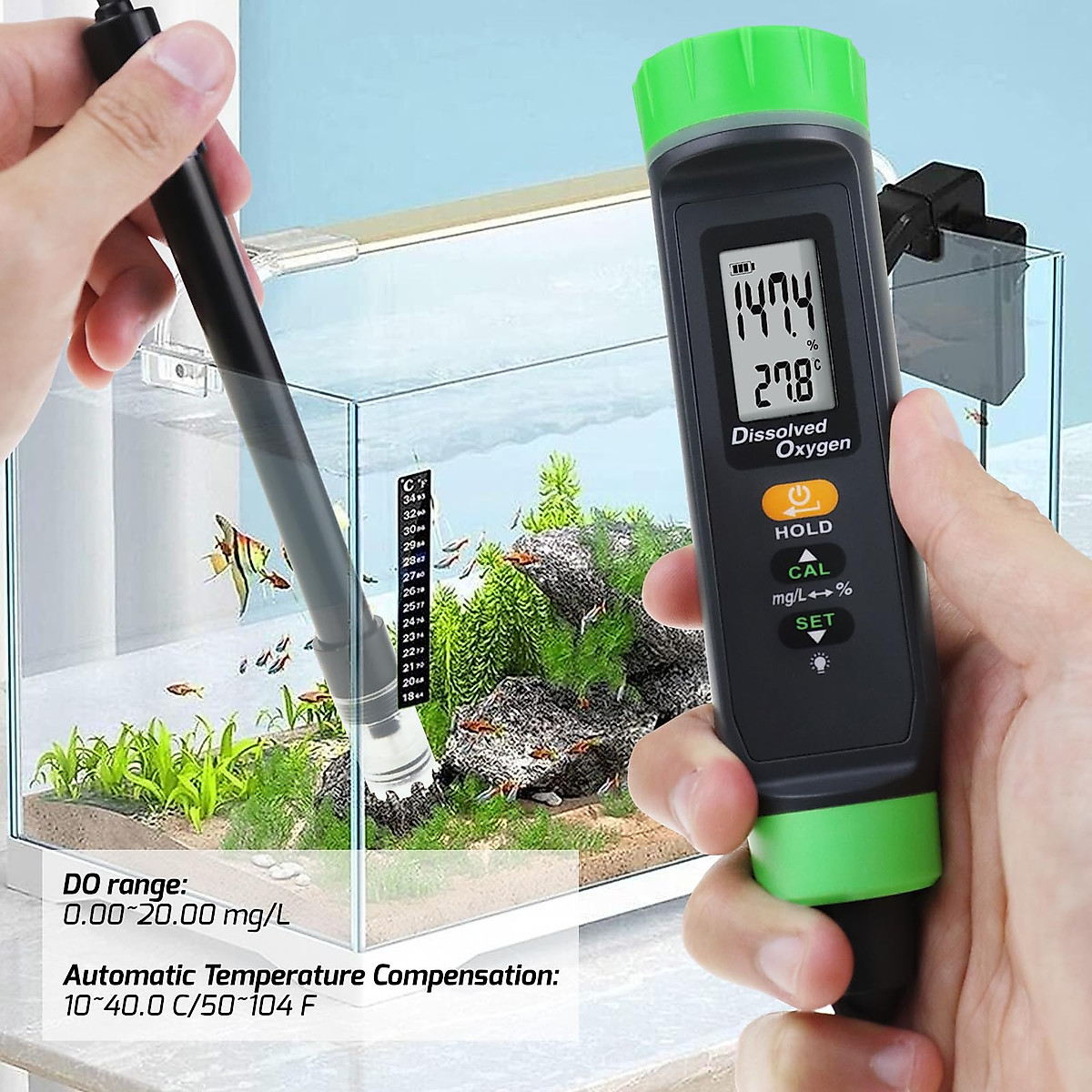 Dissolved Oxygen Meter with ATC Portable DO Meter with Long Cable, Dissolved Oxygen Test Kit Tester with Self Floating Probe Electrode