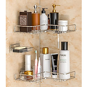Vdomus Corner Shower Caddy Shelf, No Drilling Traceless Adhesive Rust Proof Stainless Steel Shampoo Holder with Soap Holder, Bathroom Organizer Wall Shelf Basket Rack with Hooks, 3 Pack