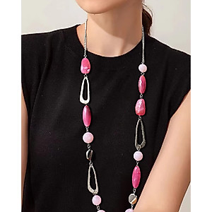 Noessla Beaded Long Necklace Silver Sweater Chain Women Beads Necklaces Fashion Jewelry Party Birthday Gifts(07-Hot pink)
