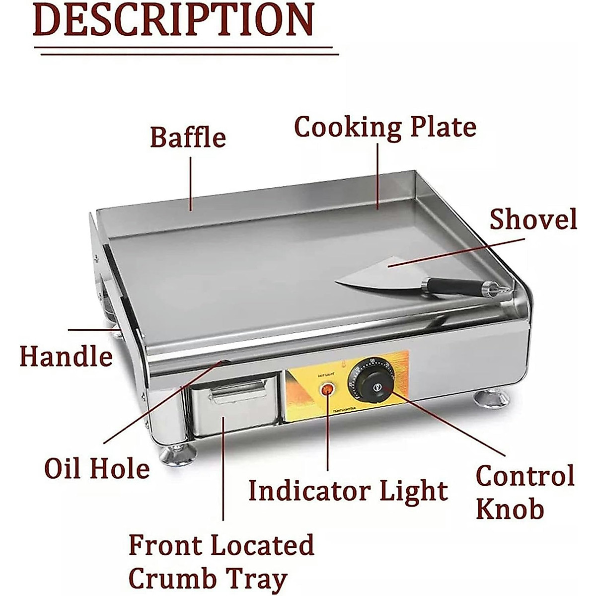 2300W Commercial Electric Frying Pan, Non Stick Temperature Controlled Multi-Functional Snack Kitchen Appliance, Teppanyaki, Pancake, Steak, Fried Rice, Fried Egg, Teppanyaki Squid, Etc