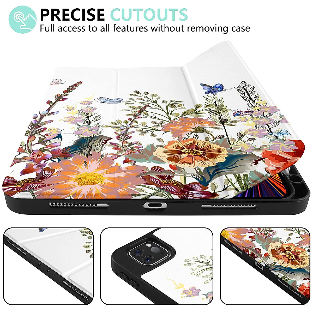 DONGKE Floral Design Case for iPad Pro 12.9 inch 6th, 5th, 4th, 3rd Gen with Pencil Holder, Auto Wake/Sleep, and Stand