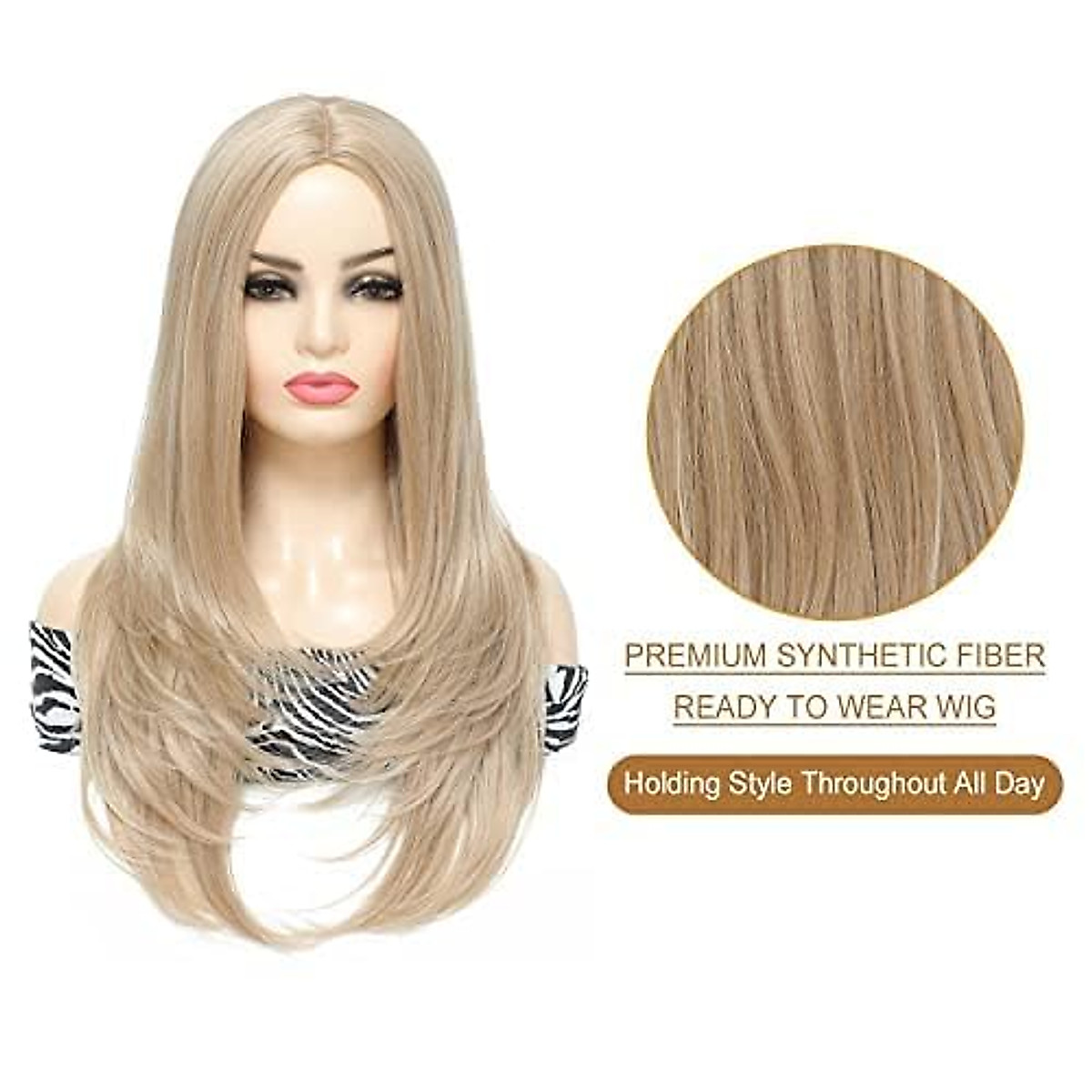 COSYMAY Blonde Wig for Women Long Synthetic Wig with Wavy Ends 22'' Natural Wave Cosplay Wig Glueless Heat Resistant Costume Wig Daily Wear Middle Part Full Wig