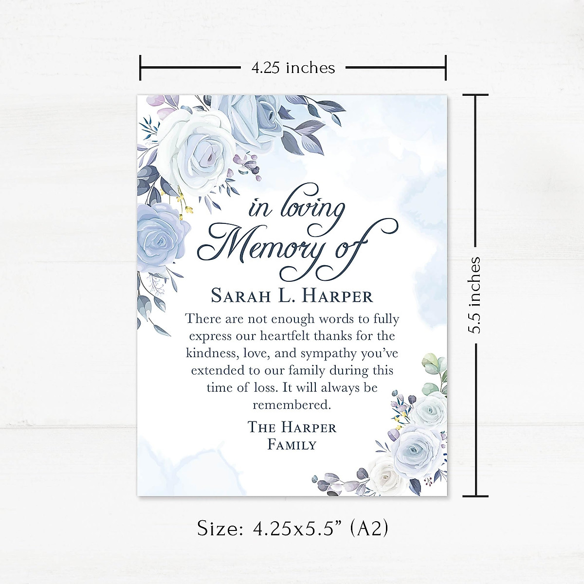 Hello Love Goods Light Blue and White Floral In Loving Memory Funeral Thank You Cards, Personalized Sympathy Acknowledgement Cards, 4.25x5.5 Flat Bereavement Notes with Envelopes