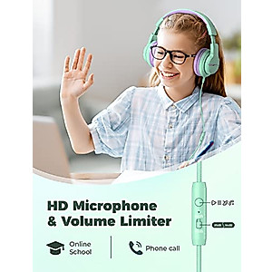 iClever HS19 Kids Headphones with Microphone for School, Volume Limiter 85/94dB, Over-Ear Girls Boys Headphones for Kids with Shareport, Foldable Wired Headphones for iPad/Fire Tablet/Travel, Green