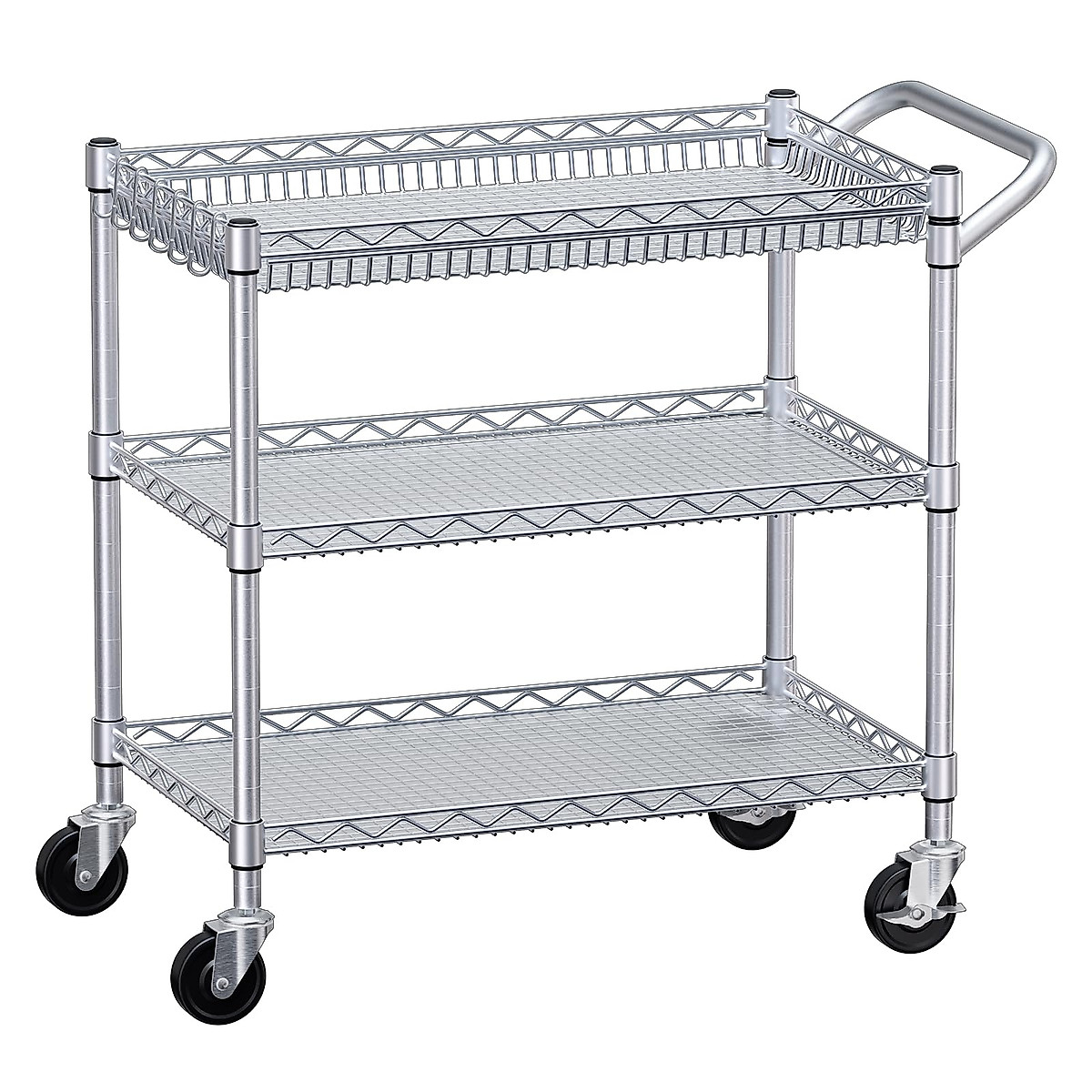 WDT Heavy Duty 3 Tier Rolling Utility Cart, Kitchen Metal Utility Carts with Handle Bar, Utility Shelf Plant Display Shelf Food Cart Storage Trolley with Wheels, Silver