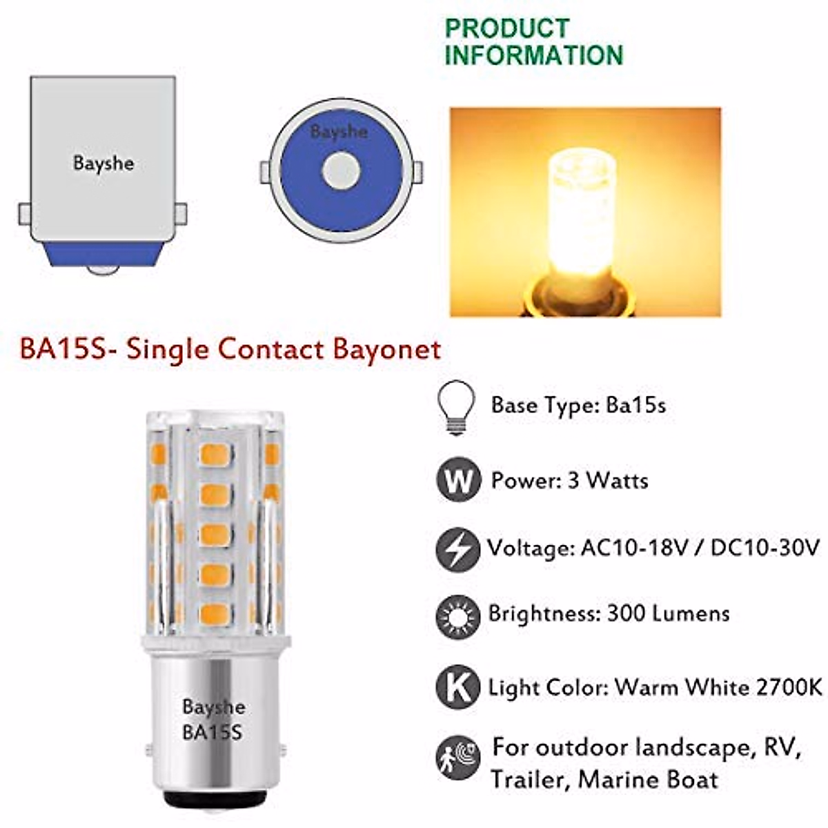 BAYSHE 3W 12V BA15S S8 SC Bayonet Single Contact Base 1156 1141 LED Light Bulb 2700K Warm White,Low voltage AC/DC 12volt Landscape Path Deck RV Camper Marine Boat Trailer Lighting-Pack of 5