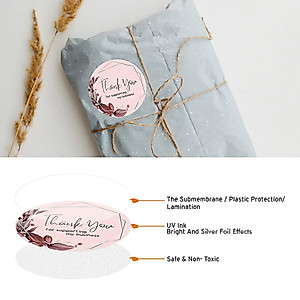 easykart labels 600 Business Thank You Stickers in roll | Baby Pink Flower Bunch Design with Silver Foil | Highly Recommended for Small Business Owners