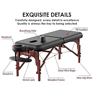 CLORIS 84" Professional Massage Table Portable 2 Folding Lightweight Facial Salon Spa Tattoo Bed Height Adjustable with Carrying Bag & Wooden Leg Hold Up to 1100LBS
