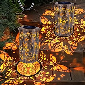 Outdoor Solar Lanterns, 2 Pack Retro Butterfly Hanging Lights Metal Outdoor Lantern Waterproof Decor Garden Lights for Patio, Pathway, Tree, Porch