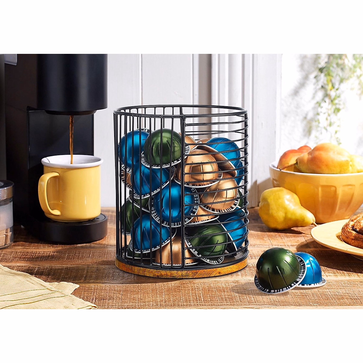 Coffee Pod Storage Holder, Metal Wire Basket with Wood Base, Countertop Coffee Capsule Organizer (89357)