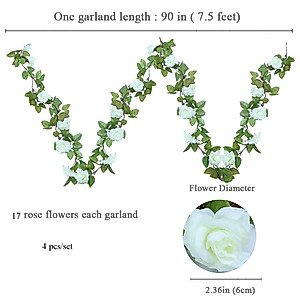 HEBE 4 Pack (29.8 FT) Artificial Rose Vine Flowers Plants Realistic Silk Fake Flowers Garland Hanging Baskets Rose Ivy for Home Ceremony Wedding Arch Garden Indoor Outdoor Decor,Milk White
