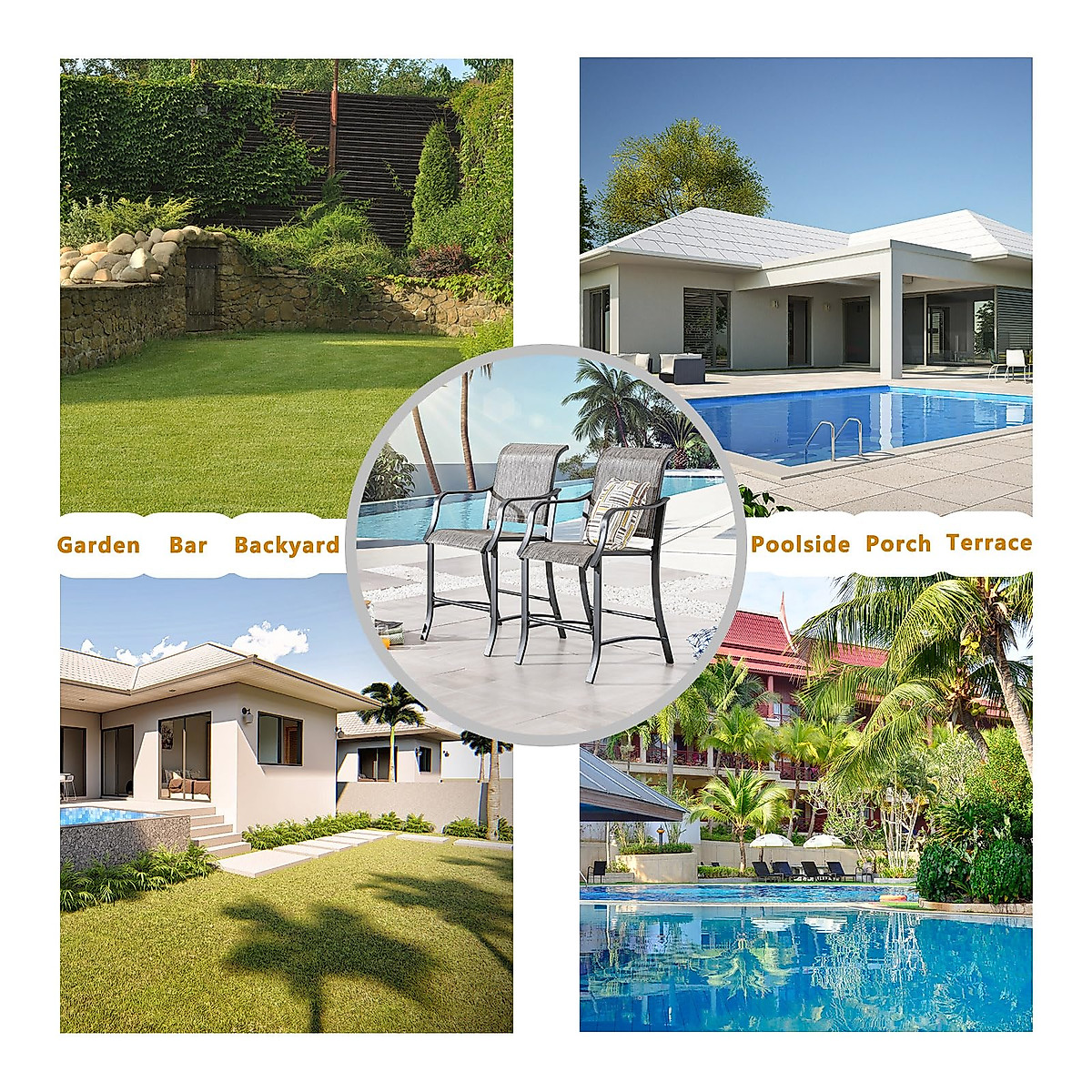 TOP HOME SPACE Outdoor Bar Stool Set of 2,Patio Height Stools & Bar Chairs,All-Weather Patio Chairs for Backyard Lawn Garden,300 LBS Capacity(Grey)