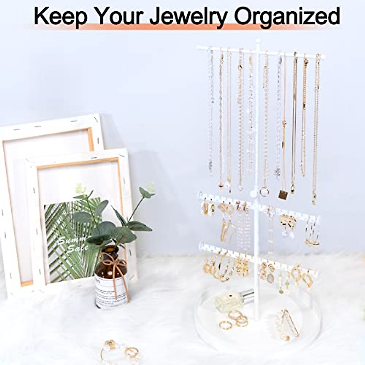 Jenseits Jewelry Organizer Stand, 3 Tier Necklace Organizer Holder Tree, Adjustable Height Jewelry Earring Display Towers, Long Necklaces Bracelets Jewelry Storage Rack for Dresser Bathroom Vanity