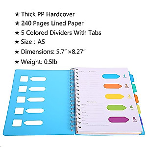 5 Subject Notebook, A5 Notebooks and Journals Spiral Bund, Wide Ruled, Lab Professional Notepad, Colored Dividers With Tabs, 5.7”×8.27”, 240 pages, Hardcover Memo Planner for School Kids Girls Women