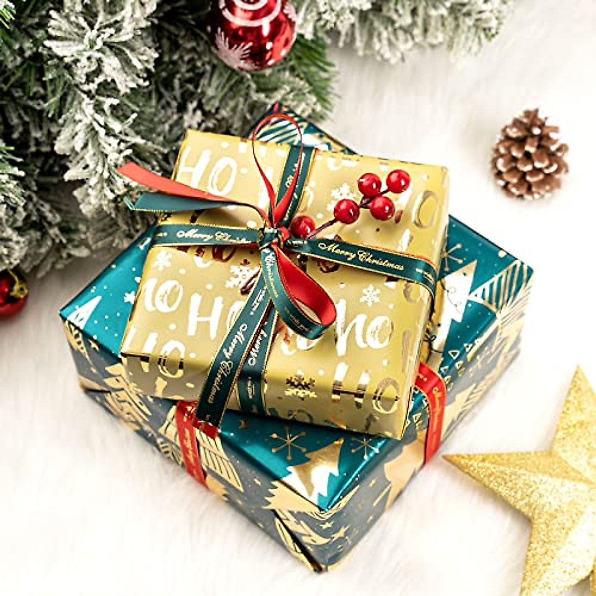 MAYPLUSS Christmas Wrapping Paper Roll - Mini Roll - 17 inch X 120 inch Per roll - 3 Different Dark Green with Glitter Metallic Foil Design(42.3 sq.ft.ttl)