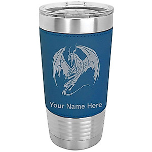 LaserGram 20oz Vacuum Insulated Tumbler Mug, Dragon, Personalized Engraving Included (Faux Leather, Blue)