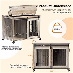 Lyromix Dog Crate Furniture with Divider for 2 Small to Medium Pets, Wooden Cage End Table, Heavy Duty Indoor Puppy Kennel with Removable Divider and Sliding Door, Grey, 39.37'W*25.2'D*28.94'H