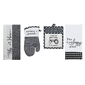 4 Piece Black and White Farmhouse Country Kitchen Linen Set - 2 Towels, Oven Mitt and Pocket Pot Holder