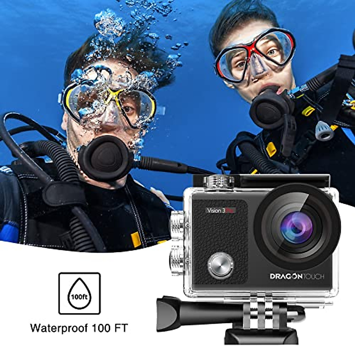 Dragon Touch 4K Underwater HD Action Camera, Vision 3 Pro Touch Screen 20MP 100FT Waterproof Video Camera Adjustable View Angle WiFi Sports Camcorder with Remote Control Helmet Accessories