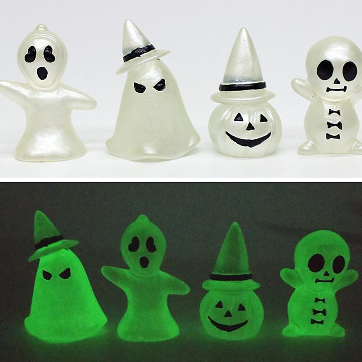 BinaryABC Halloween Glow in The Dark Pumpkin Ghost Miniature Figurines,Luminous Garden Ghost Decor, Fairy Garden Doll House Accessories,Halloween Party Favors,4Pcs