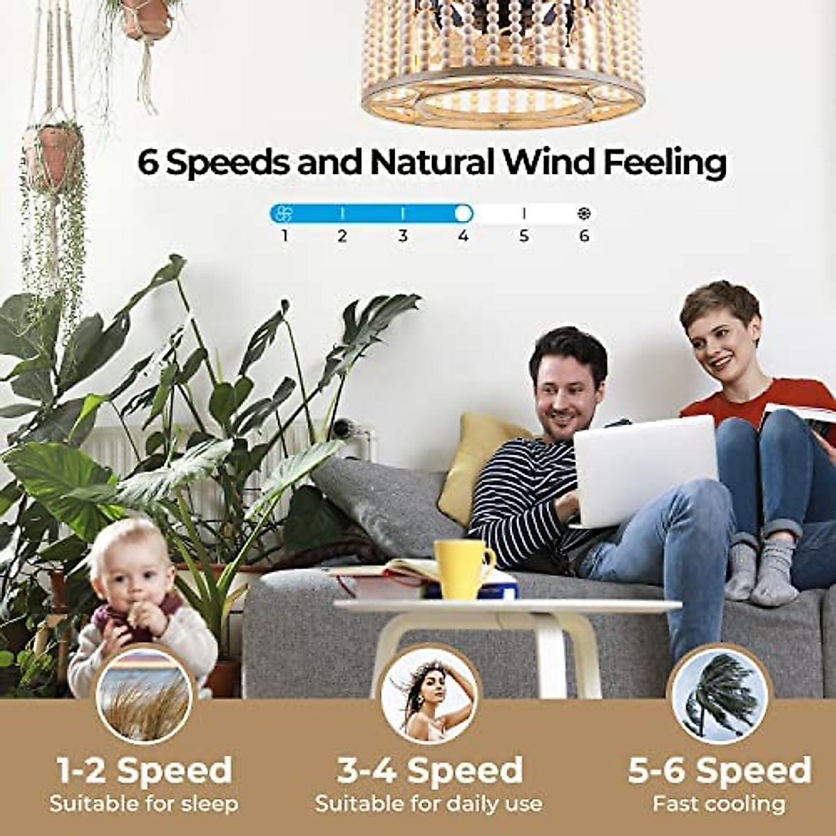 Flanagan 20 inch Boho Ceiling Fan with Lights, Modern Enclosed Design, Caged Fan, Remote Control, for Living Room, Bedroom, Kitchen