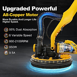Drywall Sander,950W Electric Drywall Sander with Vacuum, Popcorn Ceiling Removal Tool with Variable Speed 800-2100RPM,Floor Sander with Foldable Handle, 16 Sanding Discs,Pure-Copper Motor (Yellow)