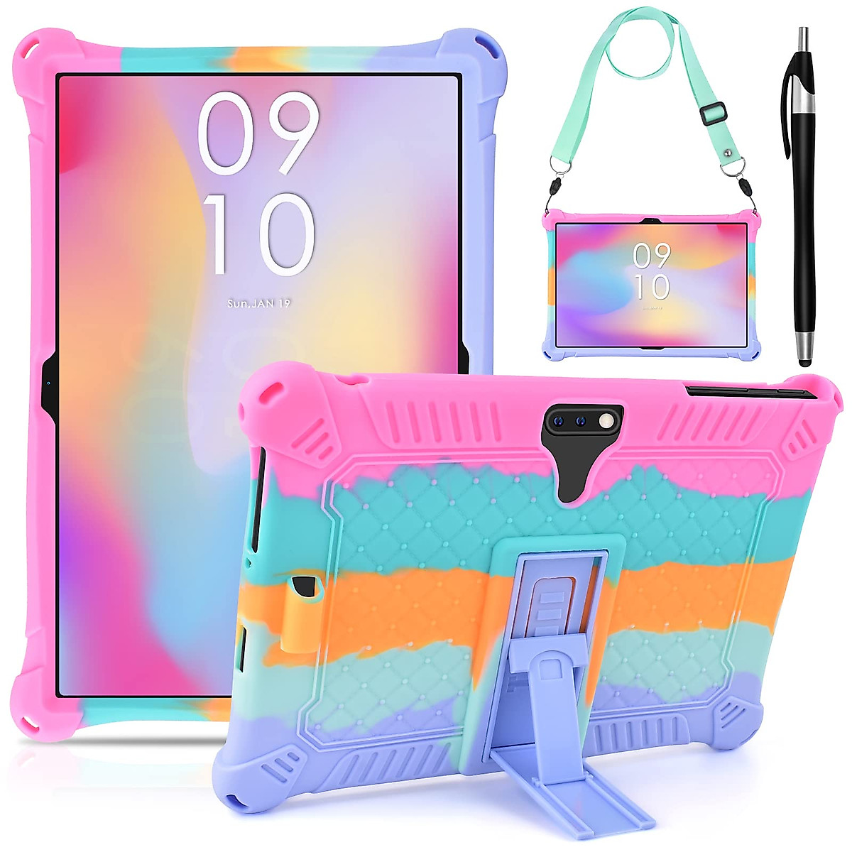 DETUOSI 10.1 inch Tablet Case Compatible with ZZB ‎YQ10S 10.1, ANTEMPER Touch 10.1, Gowin Touch 10.1, WECOOL WM1001R 10 inch, Soft Silicone Lightweight Case with Stylus Pen & Strap, Dazzling Pink