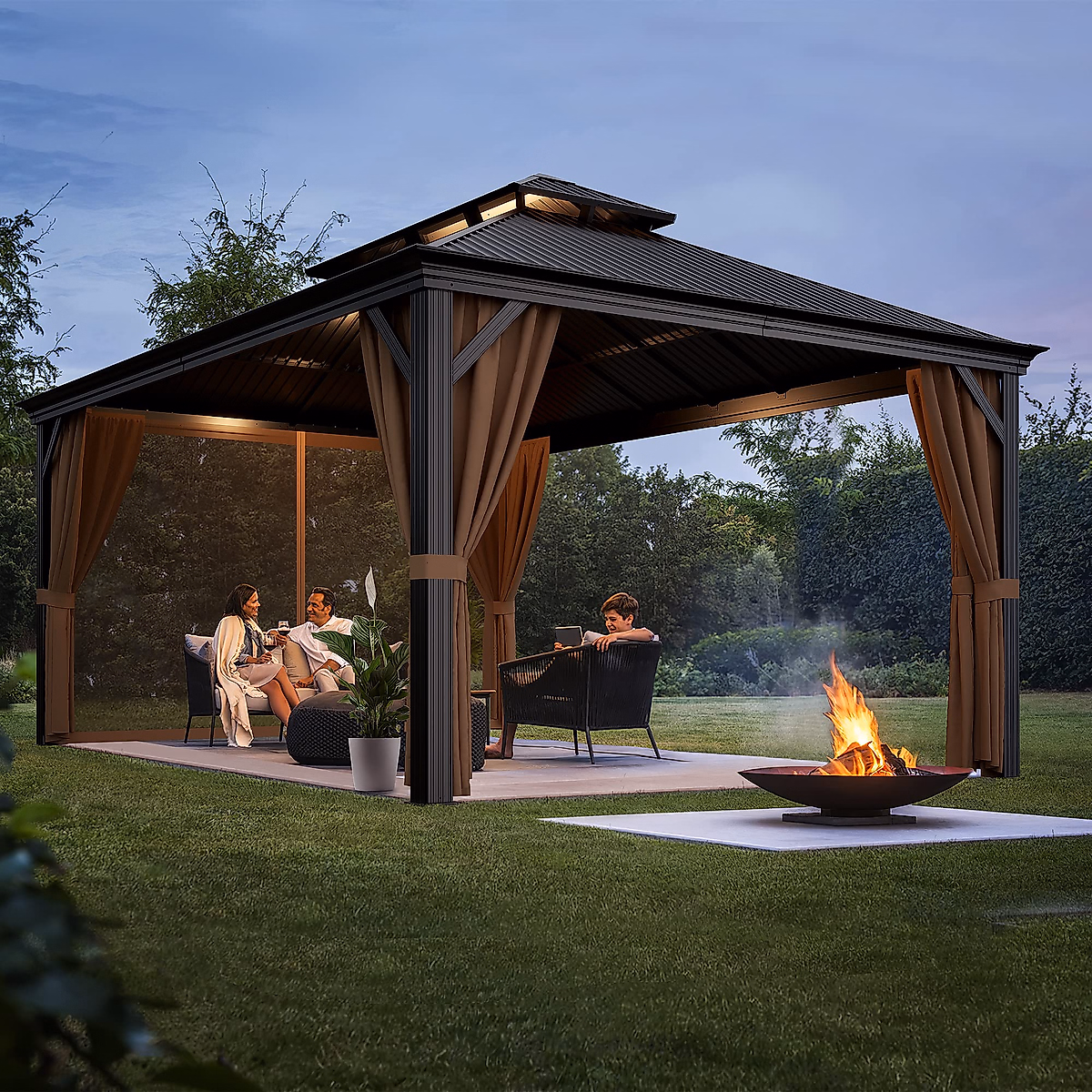 Flamaker Hardtop Gazebo Aluminum Frame Outdoor Gazebo with Privacy Curtains and Gauze Mesh Sunshade Pavilion Double Roof Canopy for Patio, Deck, Poolside (Aluminum Roof, 12' x 16')