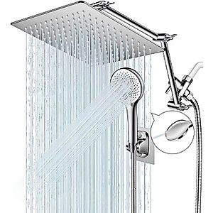 Dual Shower Head, 10'' High Pressure Rain Shower Head with 16'' Upgraded Adjustable Extension Arm, 3+1 Settings Handheld Spray,Built-in Power Wash,Retractable 60'' Shower Hose, 3-Way Diverter, Chrome