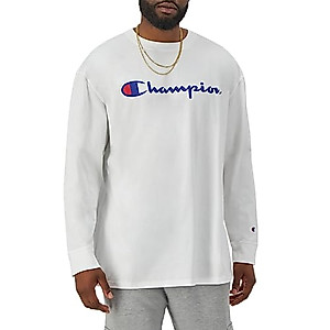 Champion Long Sleeve, Classic T-Shirt for Men (Reg. or Big & Tall), White Script, Medium
