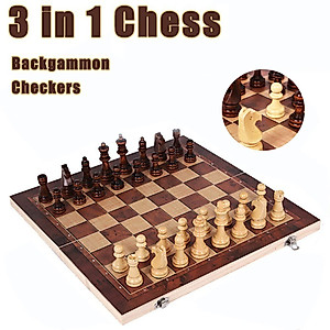 Chess Set,Folding Storage Wooden Chess Board Sets,15" Wooden Chess,3 in 1 Chess Board Game for Adults and Kids (Chess,Backgammon,Checkers)