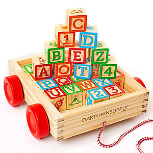 Oaktown Supply Building Blocks for Toddlers 1-3 Years Old, 30 Large Stackable Wooden Baby Blocks with Alphabet and Number Icons on Every Side, Toy Wagon Included﻿