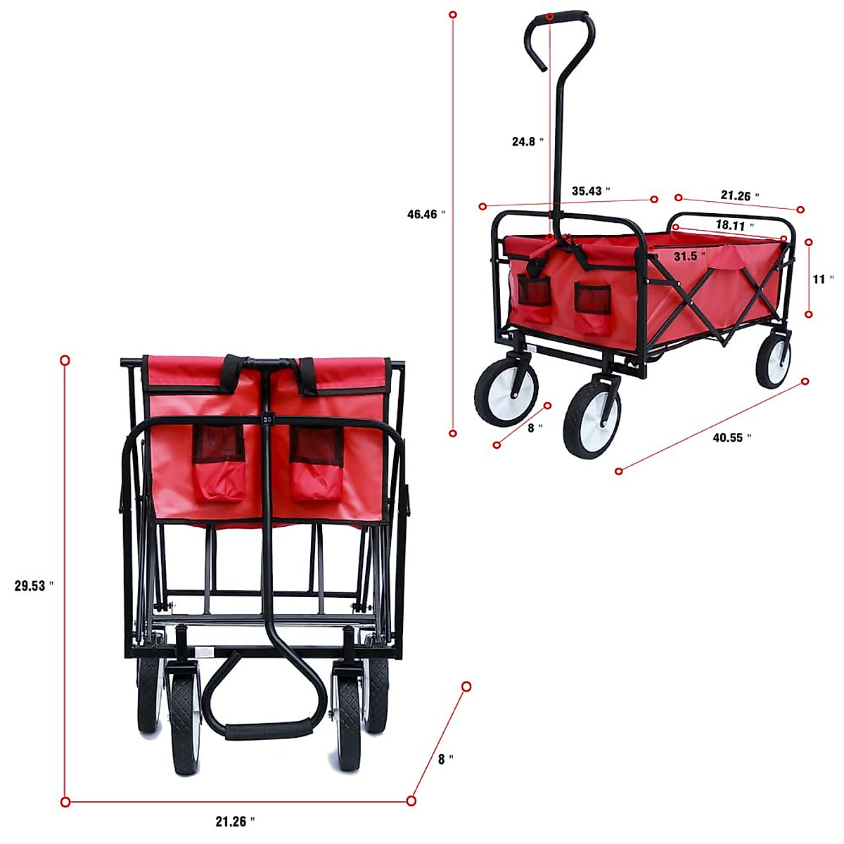 Collapsible Folding Wagon, Heavy Duty Utility Beach Wagon Cart with Side Pocket, Large Capacity Foldable Grocery Wagon for Garden Sports Outdoor Use (Red)