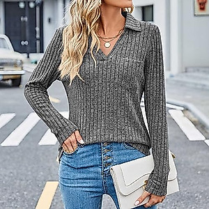 Women's Fashion Pullover Knitted Ribbed Shirts Long Sleeve V-Neck Blouse Tops Casual Fall Clothes for Women 2024 Cute Sweatshirts Dark Gray