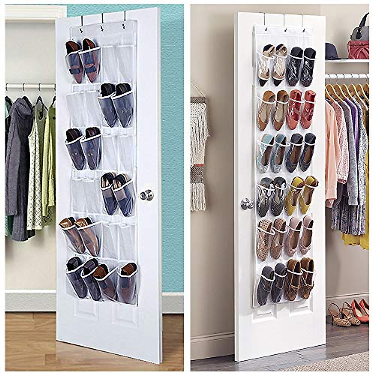 QUMENEY 24 Pockets Over the Door Shoe Organiser, Folding Hanging Organiser Shoe Racks with Hooks, Heavy-Duty Hanging Mesh Shoe Holder for Badroom, Bathroom, Wardrobe