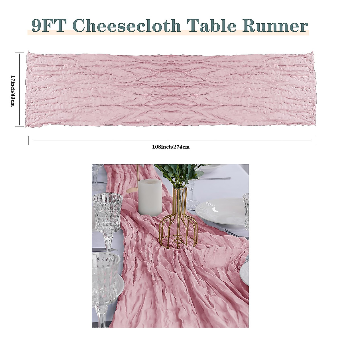 flohar 6 Pack Pink Cheesecloth Table Runner 9ft,17 x 108 inch Gauze Table Runners Rustic Romantic Wedding Runner for Wedding Bridal Shower Fall Decoration