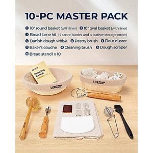 Lorzon Banneton Proofing Basket Set of 2, 10 Inch Round & Oval Cane Bread Proofing Baskets with Sourdough Bread Baking Supplies, Bread Making Kit