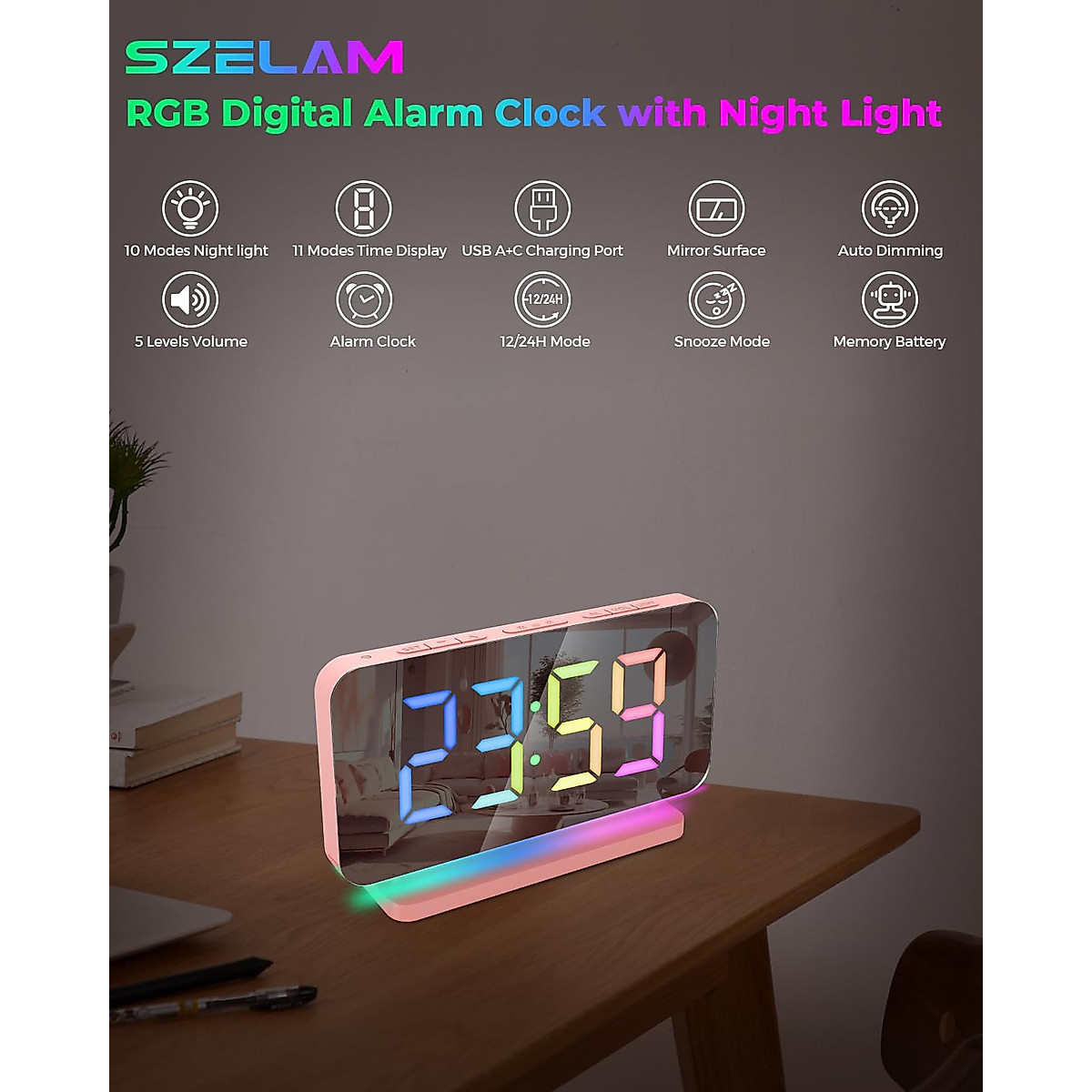 SZELAM Alarm Clock for Bedroom,7.4" Mirror Digital Clocks Large Display,with RGB Night Light, USB C Charger Port,Auto Dimming,LED Desk Clock for Kid Teen Girl Adults Room - Pink