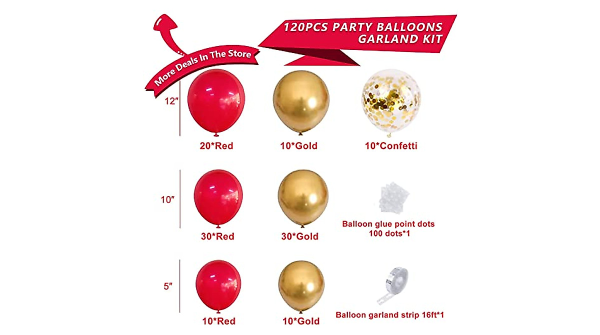 120pc Red Gold Confetti Balloons Garland Arch Kit | Party Decor