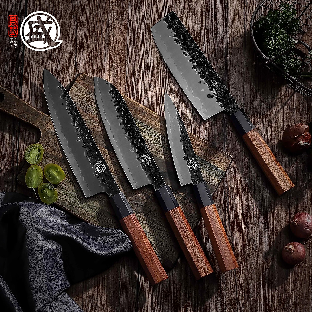 MITSUMOTO SAKARI Japanese Chef's Knife Set 4 Pcs, Professional Hand Forged Kitchen Chef Knife Set, High Carbon Ultra Sharp Cooking Chefs Knife Set (Rosewood Handle & Sandalwood Box)