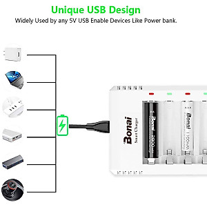 BONAI AA Rechargeable Batteries with Charger 8 Pack 2800mAh High Capacity Ni-MH Rechargeable AA Batteries with Charger AA Set (8-Slot Charger with USB & Independent Design for AA AAA)