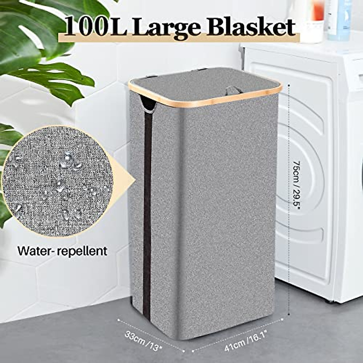 Grey Laundry Hamper with Lid, 100L Large Laundry Basket, Clothes Hamper with Clear Window Visible, Removeable Laundry Bags for Bathroom Bedroom Home, Toy Organizer, Laundry Room