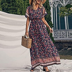 WYTong Women’s Dresses Summer Casual Dress Sexy V Neck Short Sleeves Floral Flowy Pleated Beach Maxi Dress(Navy,Small)